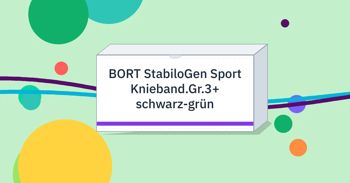 Symbolbild: Packung mit der Aufschrift BORT StabiloGen Sport Knieband.Gr.3+ schwarz-grün (PZN 16846673) – Verfügbarkeit und Bezug in Apotheken in Frankfurt am Main