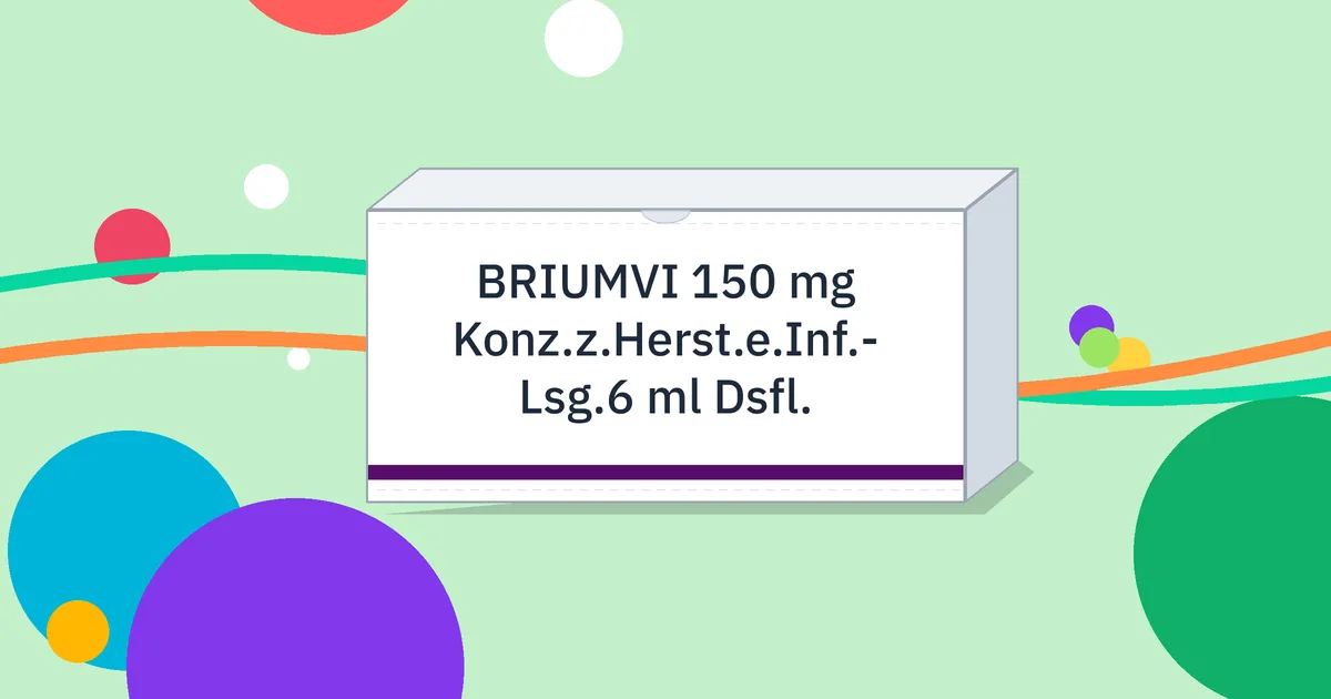 Symbolbild: Packung mit der Aufschrift BRIUMVI 150 mg Konz.z.Herst.e.Inf.-Lsg.6 ml Dsfl. (PZN 08819521) – Verfügbarkeit und Bezug in Apotheken in Frankfurt am Main