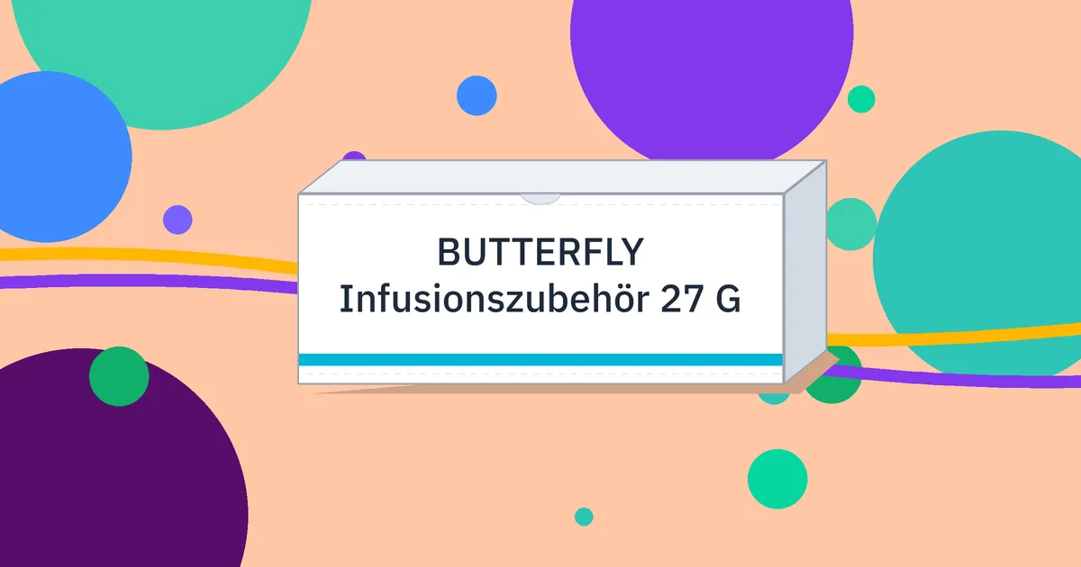 Symbolbild: Packung mit der Aufschrift BUTTERFLY Infusionszubehör 27 G (PZN 06942039) – Verfügbarkeit und Bezug in Apotheken in Frankfurt am Main