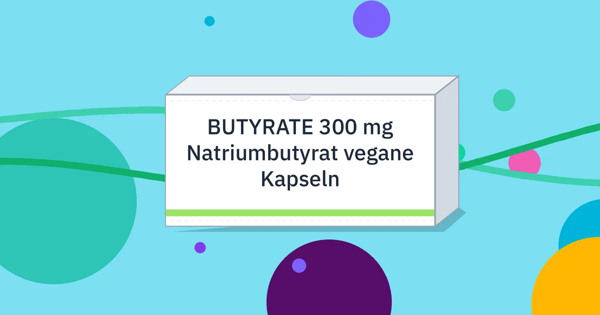 Symbolbild: Packung mit der Aufschrift BUTYRATE 300 mg Natriumbutyrat vegane Kapseln (PZN 19645981) – Verfügbarkeit und Bezug in Apotheken in Frankfurt am Main