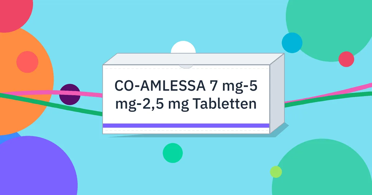 Symbolbild: Packung mit der Aufschrift CO-AMLESSA 7 mg-5 mg-2,5 mg Tabletten (PZN 20514190) – Verfügbarkeit und Bezug in Apotheken in Frankfurt am Main