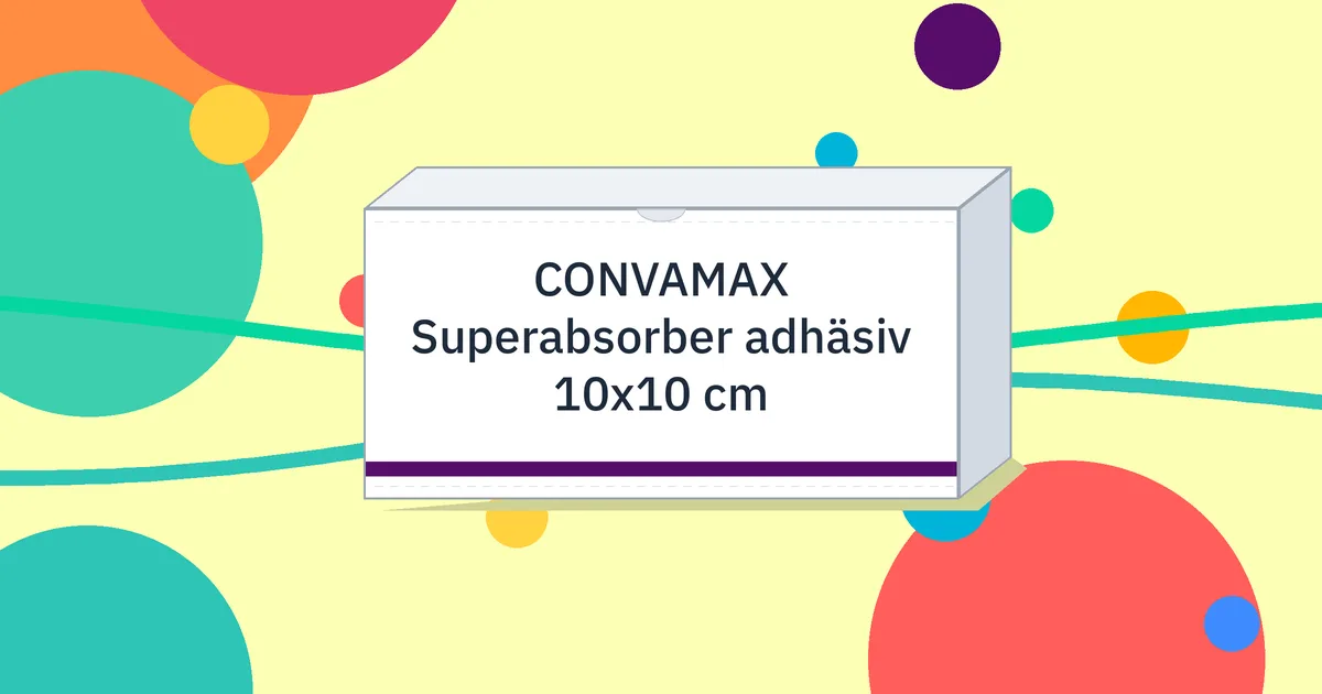 Symbolbild: Packung mit der Aufschrift CONVAMAX Superabsorber adhäsiv 10x10 cm (PZN 15634437) – Verfügbarkeit und Bezug in Apotheken in Frankfurt am Main
