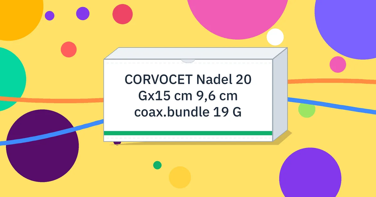 Symbolbild: Packung mit der Aufschrift CORVOCET Nadel 20 Gx15 cm 9,6 cm coax.bundle 19 G (PZN 18764198) – Verfügbarkeit und Bezug in Apotheken in Frankfurt am Main