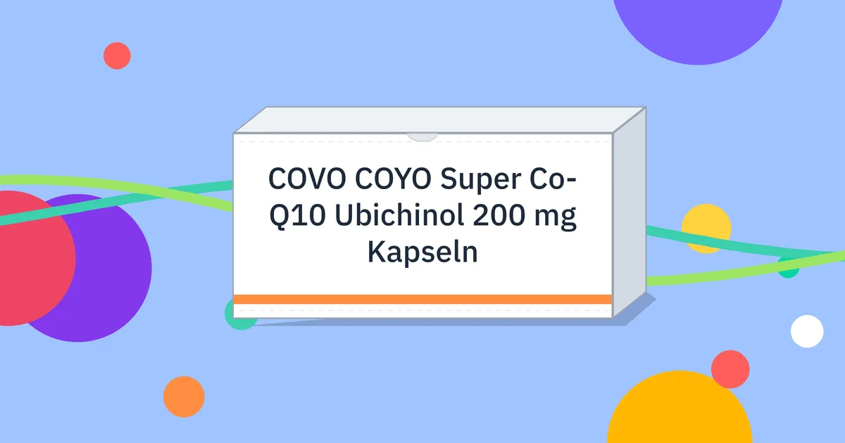 Symbolbild: Packung mit der Aufschrift COVO COYO Super Co-Q10 Ubichinol 200 mg Kapseln (PZN 20190333) – Verfügbarkeit und Bezug in Apotheken in Frankfurt am Main