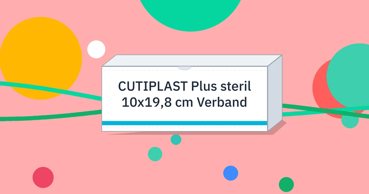 Symbolbild: Packung mit der Aufschrift CUTIPLAST Plus steril 10x19,8 cm Verband (PZN 12147843) – Verfügbarkeit und Bezug in Apotheken in Frankfurt am Main