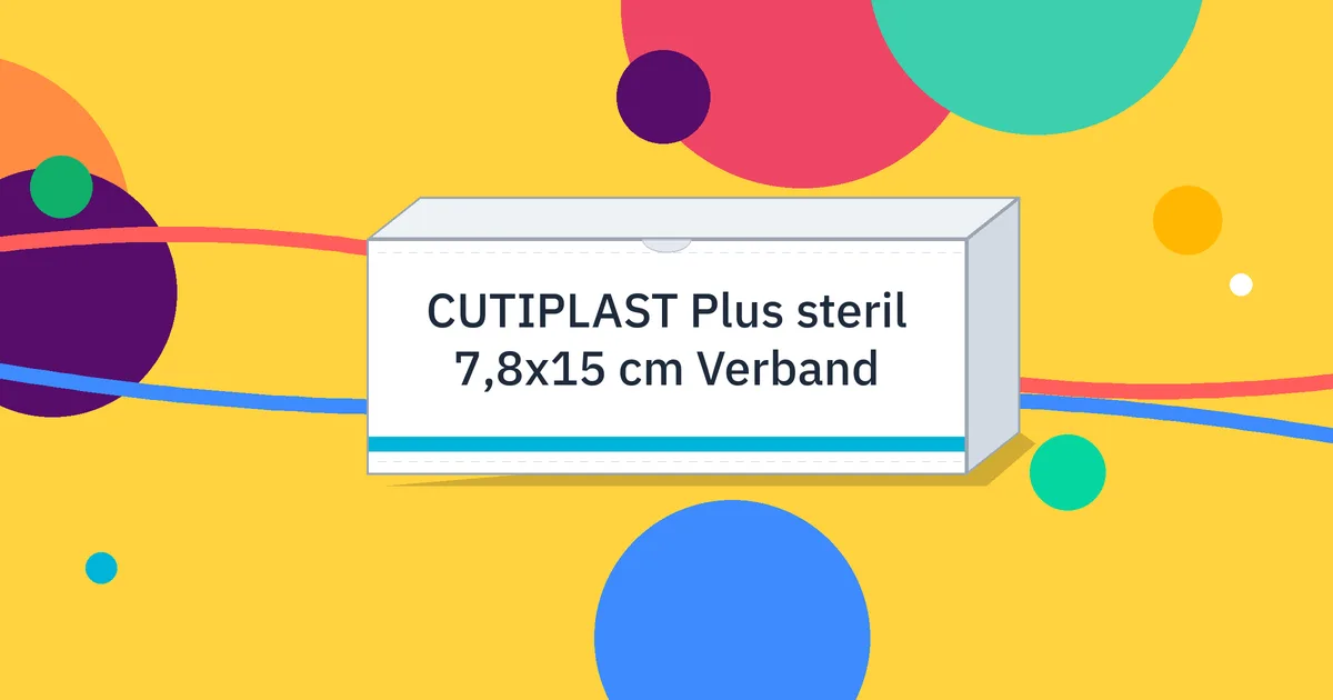 Symbolbild: Packung mit der Aufschrift CUTIPLAST Plus steril 7,8x15 cm Verband (PZN 10325430) – Verfügbarkeit und Bezug in Apotheken in Frankfurt am Main