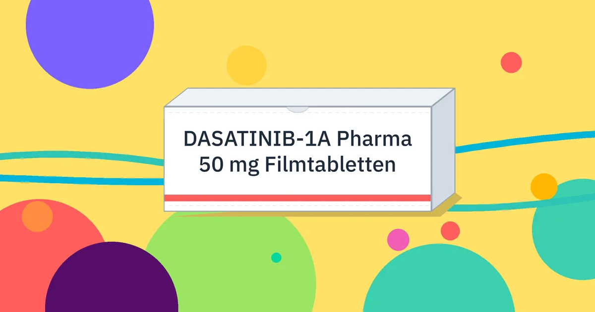 Symbolbild: Packung mit der Aufschrift DASATINIB-1A Pharma 50 mg Filmtabletten (PZN 16755396) – Verfügbarkeit und Bezug in Apotheken in Frankfurt am Main