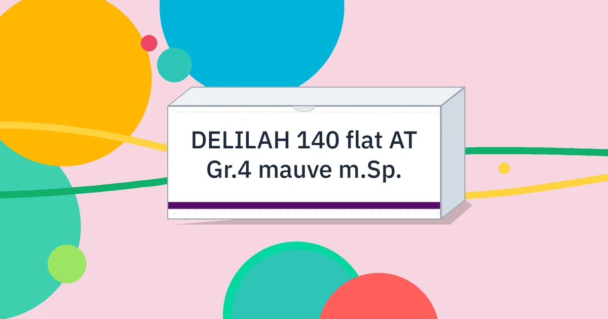 Symbolbild: Packung mit der Aufschrift DELILAH 140 flat AT Gr.4 mauve m.Sp. (PZN 14247715) – Verfügbarkeit und Bezug in Apotheken in Frankfurt am Main