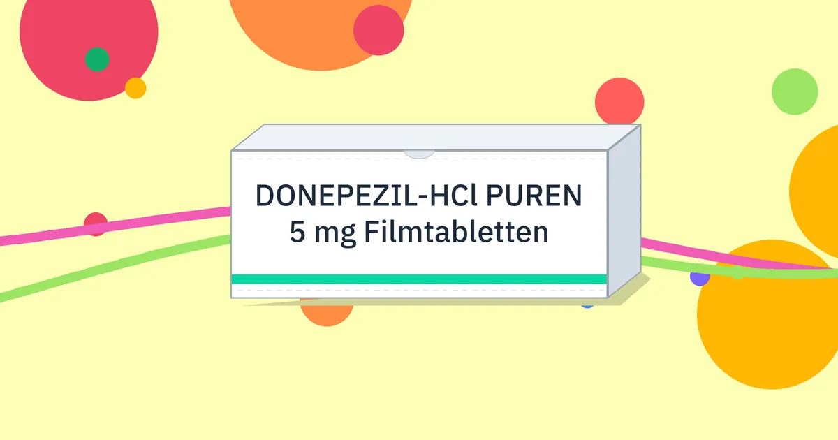 Symbolbild: Packung mit der Aufschrift DONEPEZIL-HCl PUREN 5 mg Filmtabletten (PZN 12774304) – Verfügbarkeit und Bezug in Apotheken in Frankfurt am Main