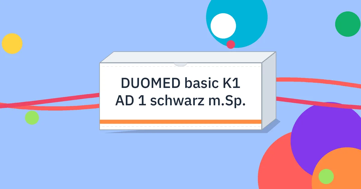Symbolbild: Packung mit der Aufschrift DUOMED basic K1 AD 1 schwarz m.Sp. (PZN 20903425) – Verfügbarkeit und Bezug in Apotheken in Frankfurt am Main