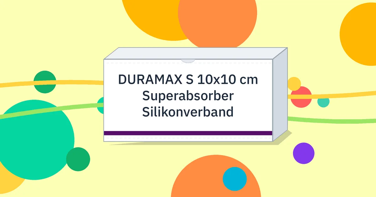 Symbolbild: Packung mit der Aufschrift DURAMAX S 10x10 cm Superabsorber Silikonverband (PZN 19845823) – Verfügbarkeit und Bezug in Apotheken in Frankfurt am Main