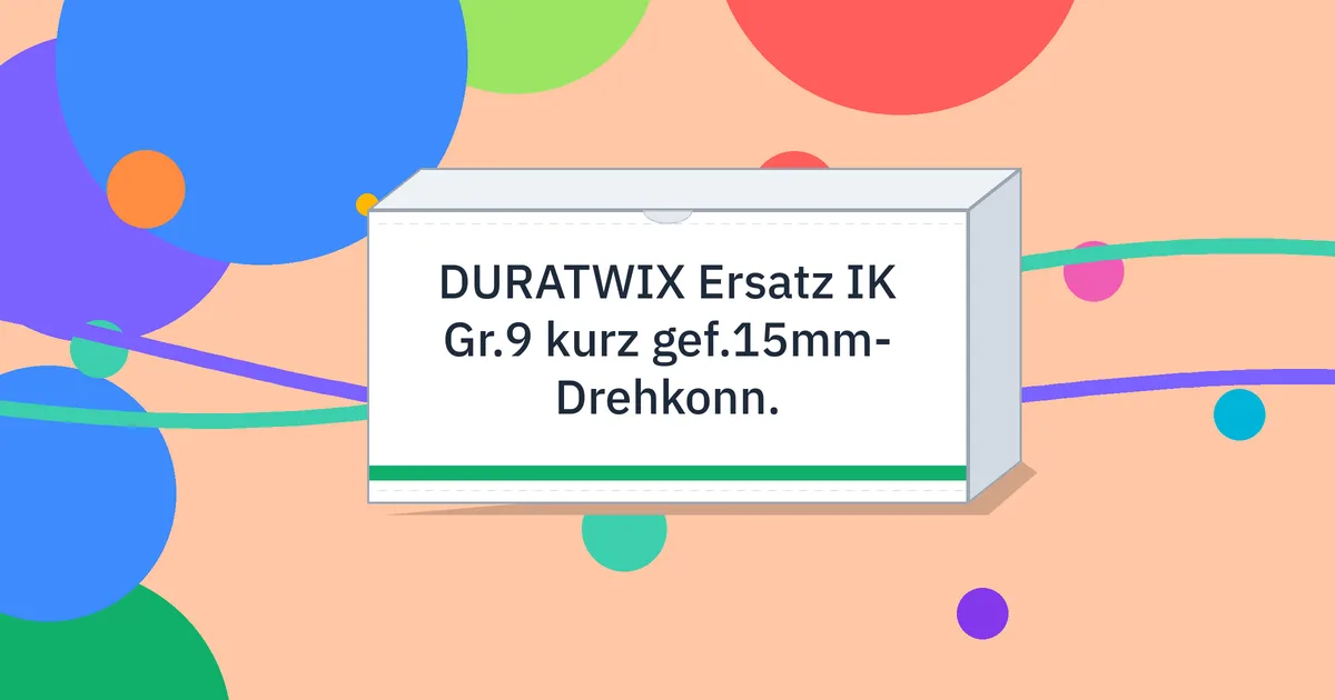Symbolbild: Packung mit der Aufschrift DURATWIX Ersatz IK Gr.9 kurz gef.15mm-Drehkonn. (PZN 06991902) – Verfügbarkeit und Bezug in Apotheken in Frankfurt am Main
