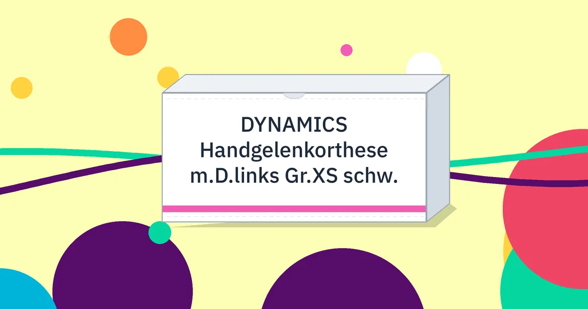 Symbolbild: Packung mit der Aufschrift DYNAMICS Handgelenkorthese m.D.links Gr.XS schw. (PZN 10633255) – Verfügbarkeit und Bezug in Apotheken in Frankfurt am Main