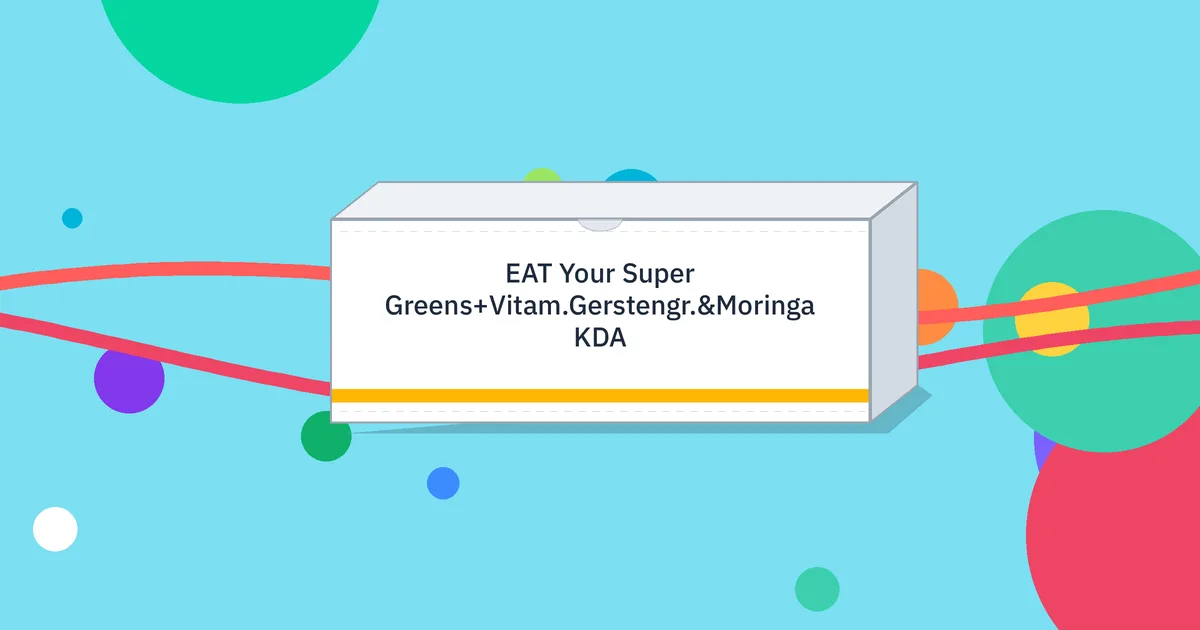 Symbolbild: Packung mit der Aufschrift EAT Your Super Greens+Vitam.Gerstengr.&Moringa KDA (PZN 18454167) – Verfügbarkeit und Bezug in Apotheken in Frankfurt am Main