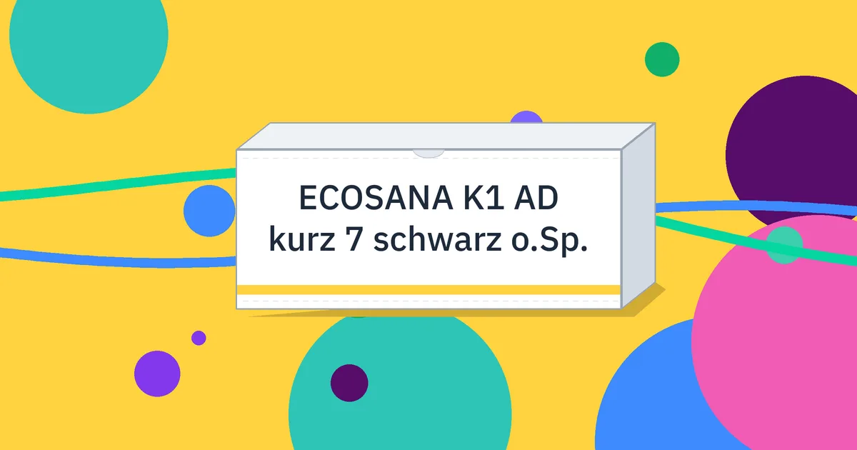 Symbolbild: Packung mit der Aufschrift ECOSANA K1 AD kurz 7 schwarz o.Sp. (PZN 04725409) – Verfügbarkeit und Bezug in Apotheken in Frankfurt am Main