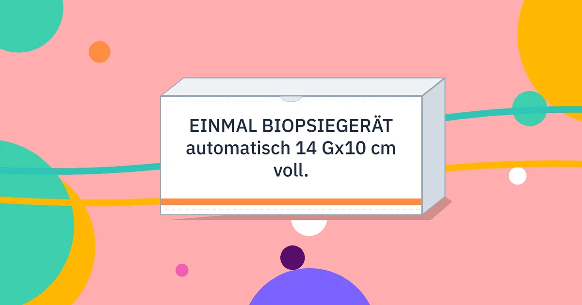 Symbolbild: Packung mit der Aufschrift EINMAL BIOPSIEGERÄT automatisch 14 Gx10 cm voll. (PZN 14384369) – Verfügbarkeit und Bezug in Apotheken in Frankfurt am Main