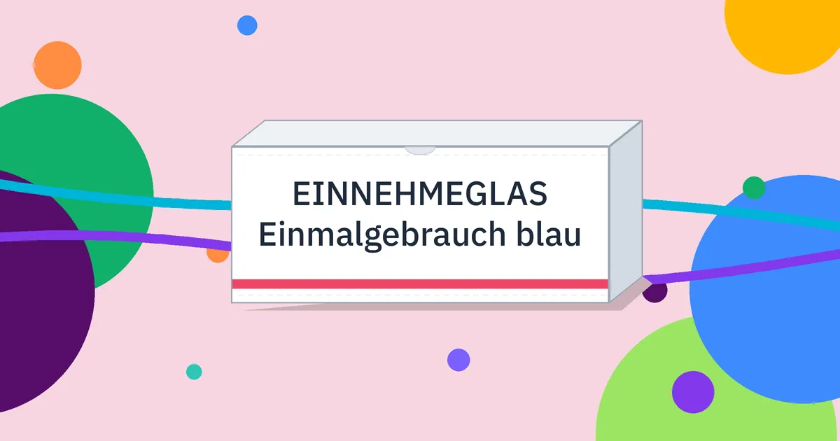 Symbolbild: Packung mit der Aufschrift EINNEHMEGLAS Einmalgebrauch blau (PZN 02439013) – Verfügbarkeit und Bezug in Apotheken in Frankfurt am Main
