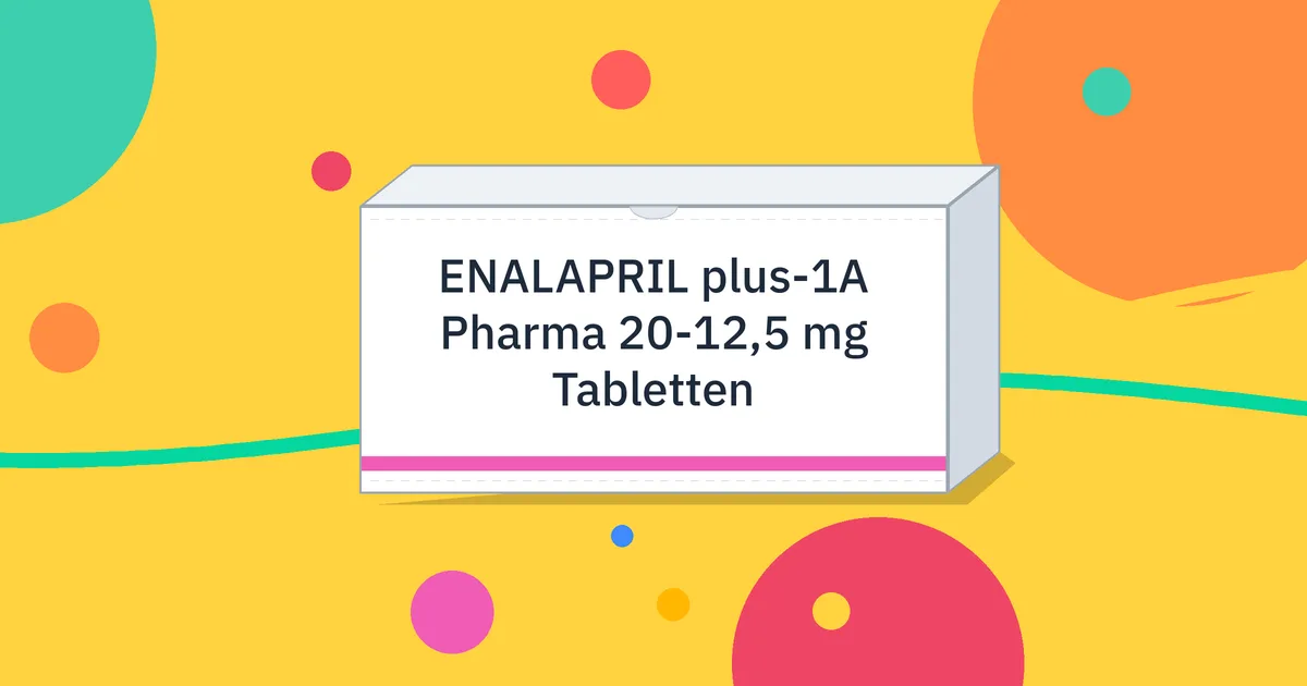 Symbolbild: Packung mit der Aufschrift ENALAPRIL plus-1A Pharma 20-12,5 mg Tabletten (PZN 07300797) – Verfügbarkeit und Bezug in Apotheken in Frankfurt am Main