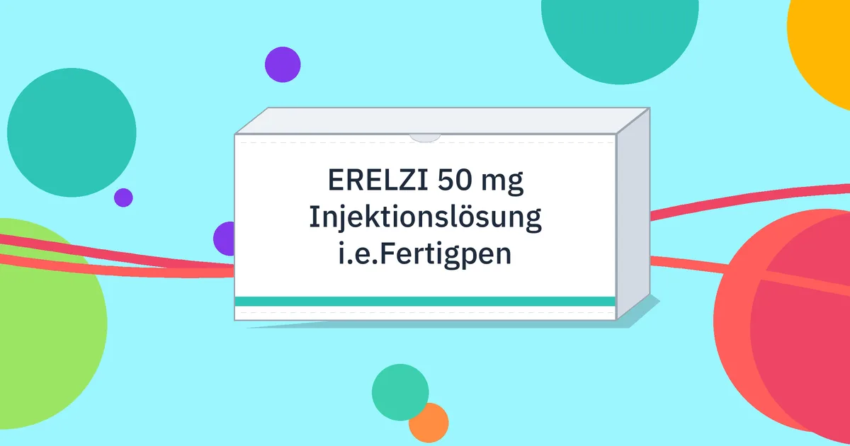 Symbolbild: Packung mit der Aufschrift ERELZI 50 mg Injektionslösung i.e.Fertigpen (PZN 13913067) – Verfügbarkeit und Bezug in Apotheken in Frankfurt am Main