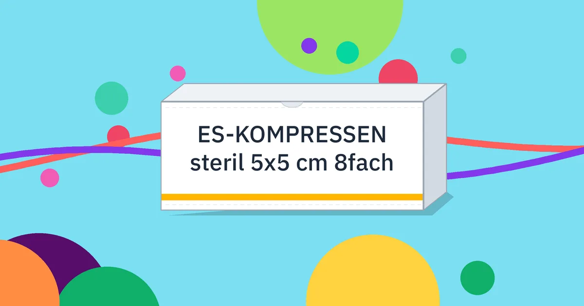 Symbolbild: Packung mit der Aufschrift ES-KOMPRESSEN steril 5x5 cm 8fach (PZN 16906056) – Verfügbarkeit und Bezug in Apotheken in Frankfurt am Main