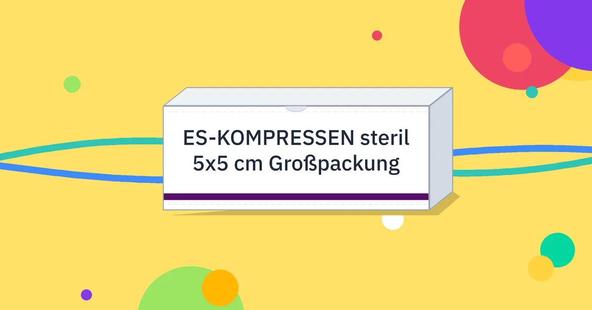 Symbolbild: Packung mit der Aufschrift ES-KOMPRESSEN steril 5x5 cm Großpackung (PZN 17451681) – Verfügbarkeit und Bezug in Apotheken in Frankfurt am Main