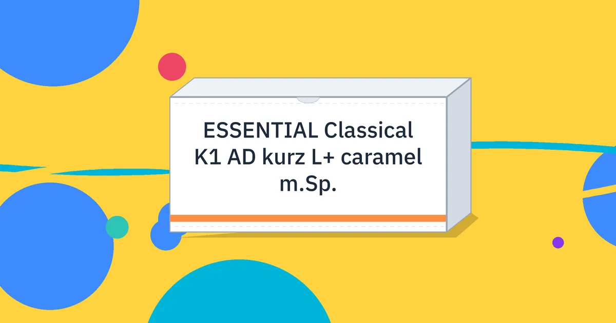 Symbolbild: Packung mit der Aufschrift ESSENTIAL Classical K1 AD kurz L+ caramel m.Sp. (PZN 17008715) – Verfügbarkeit und Bezug in Apotheken in Frankfurt am Main