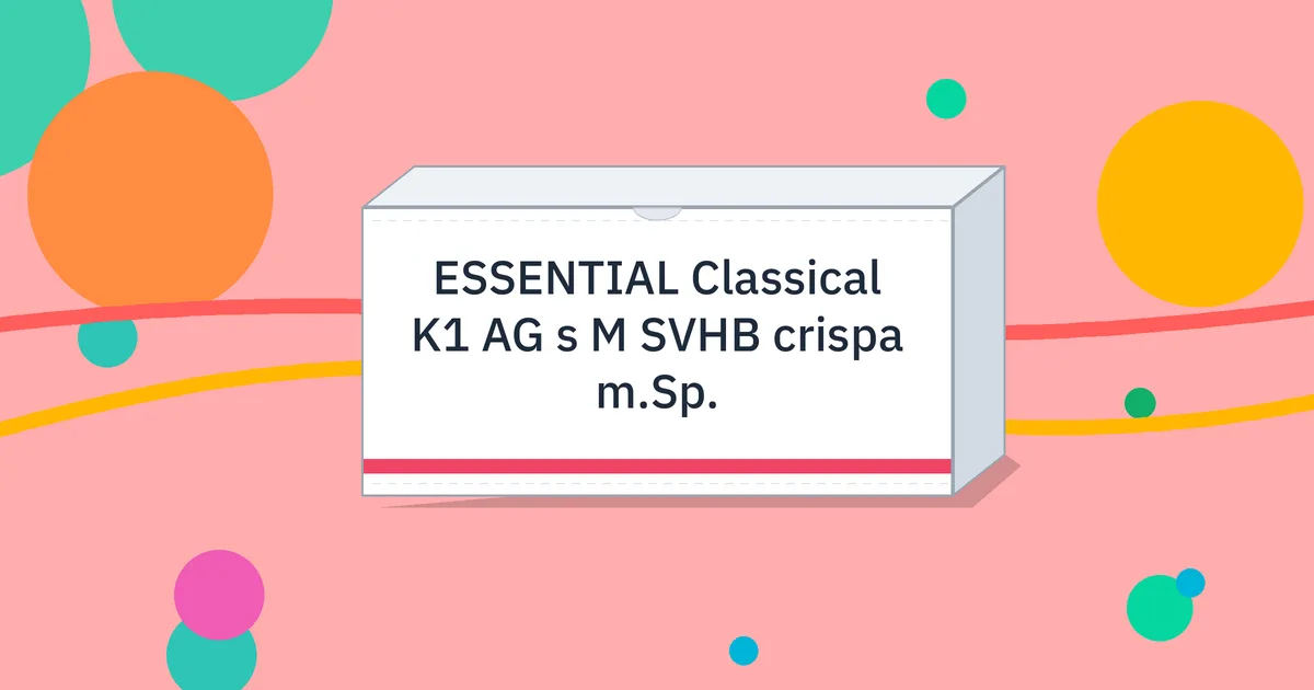 Symbolbild: Packung mit der Aufschrift ESSENTIAL Classical K1 AG s M SVHB crispa m.Sp. (PZN 18420808) – Verfügbarkeit und Bezug in Apotheken in Frankfurt am Main
