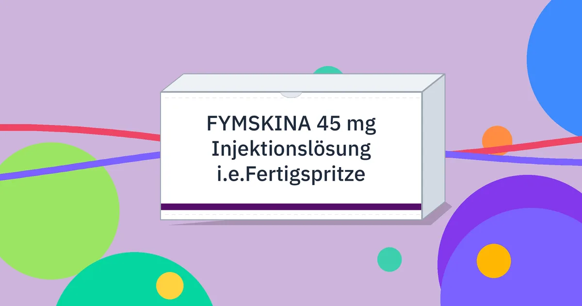 Symbolbild: Packung mit der Aufschrift FYMSKINA 45 mg Injektionslösung i.e.Fertigspritze (PZN 19741532) – Verfügbarkeit und Bezug in Apotheken in Frankfurt am Main