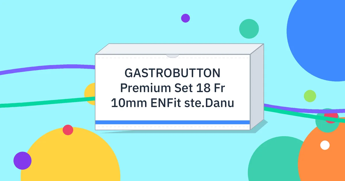 Symbolbild: Packung mit der Aufschrift GASTROBUTTON Premium Set 18 Fr 10mm ENFit ste.Danu (PZN 16883740) – Verfügbarkeit und Bezug in Apotheken in Frankfurt am Main