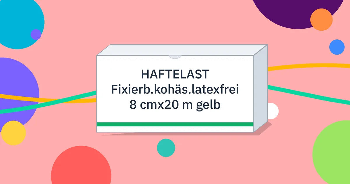 Symbolbild: Packung mit der Aufschrift HAFTELAST Fixierb.kohäs.latexfrei 8 cmx20 m gelb (PZN 08817309) – Verfügbarkeit und Bezug in Apotheken in Frankfurt am Main