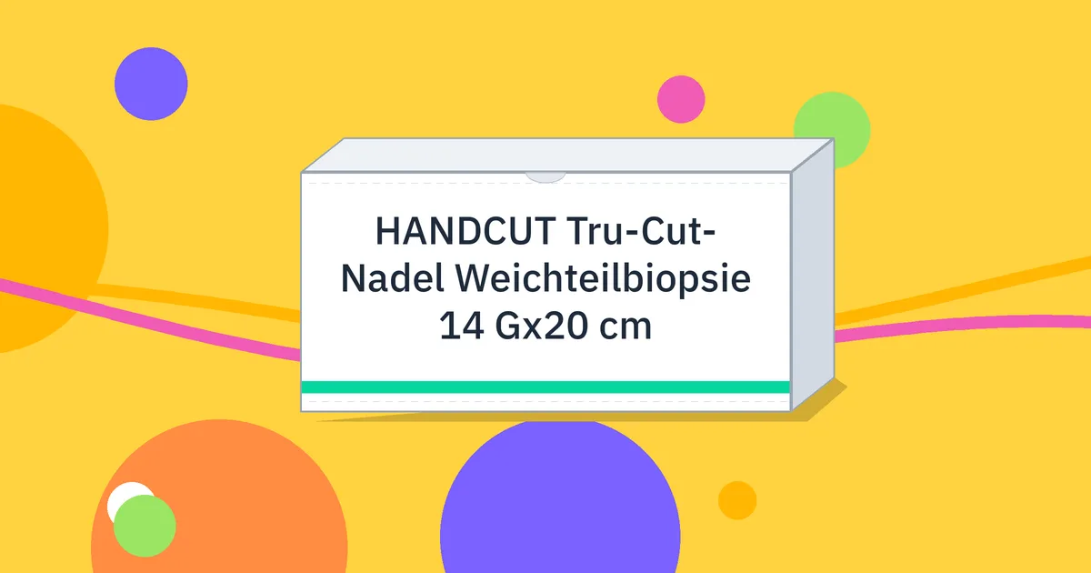 Symbolbild: Packung mit der Aufschrift HANDCUT Tru-Cut-Nadel Weichteilbiopsie 14 Gx20 cm (PZN 19736347) – Verfügbarkeit und Bezug in Apotheken in Frankfurt am Main