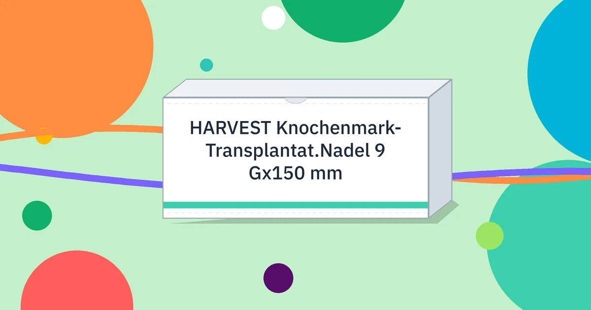 Symbolbild: Packung mit der Aufschrift HARVEST Knochenmark-Transplantat.Nadel 9 Gx150 mm (PZN 16362679) – Verfügbarkeit und Bezug in Apotheken in Frankfurt am Main
