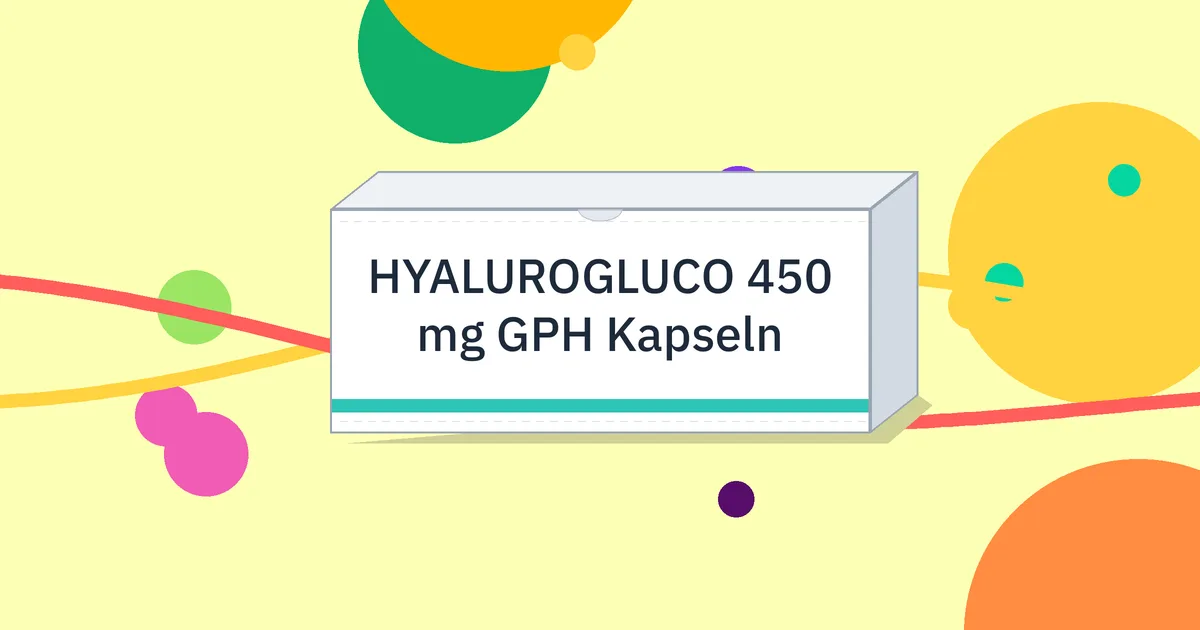 Symbolbild: Packung mit der Aufschrift HYALUROGLUCO 450 mg GPH Kapseln (PZN 01160378) – Verfügbarkeit und Bezug in Apotheken in Frankfurt am Main