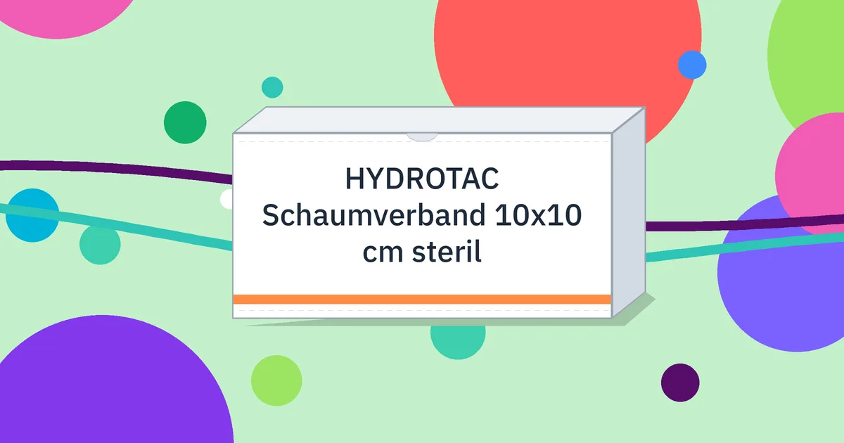 Symbolbild: Packung mit der Aufschrift HYDROTAC Schaumverband 10x10 cm steril (PZN 19921978) – Verfügbarkeit und Bezug in Apotheken in Frankfurt am Main