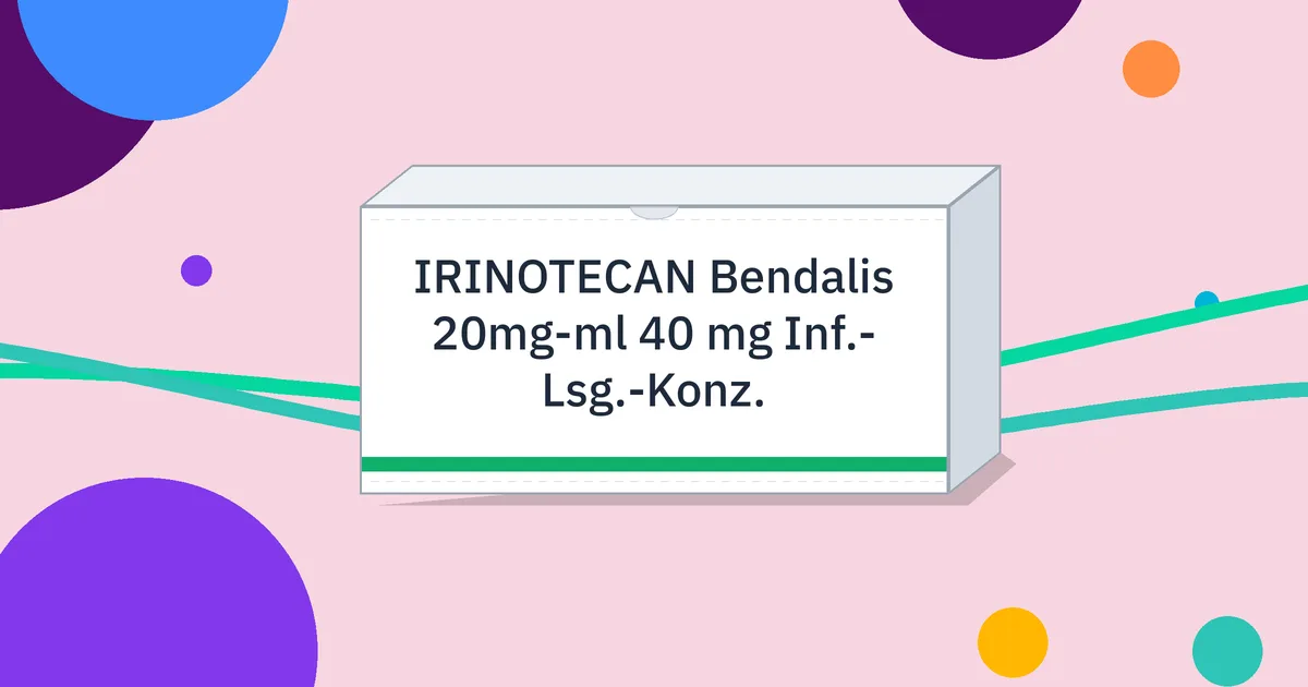 Symbolbild: Packung mit der Aufschrift IRINOTECAN Bendalis 20mg-ml 40 mg Inf.-Lsg.-Konz. (PZN 09203006) – Verfügbarkeit und Bezug in Apotheken in Frankfurt am Main