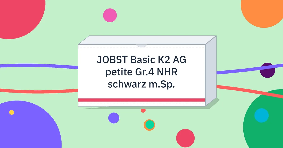 Symbolbild: Packung mit der Aufschrift JOBST Basic K2 AG petite Gr.4 NHR schwarz m.Sp. (PZN 15311361) – Verfügbarkeit und Bezug in Apotheken in Frankfurt am Main