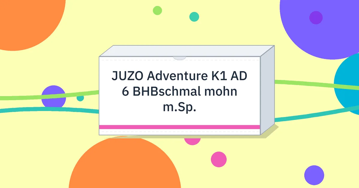 Symbolbild: Packung mit der Aufschrift JUZO Adventure K1 AD 6 BHBschmal mohn m.Sp. (PZN 15495912) – Verfügbarkeit und Bezug in Apotheken in Frankfurt am Main