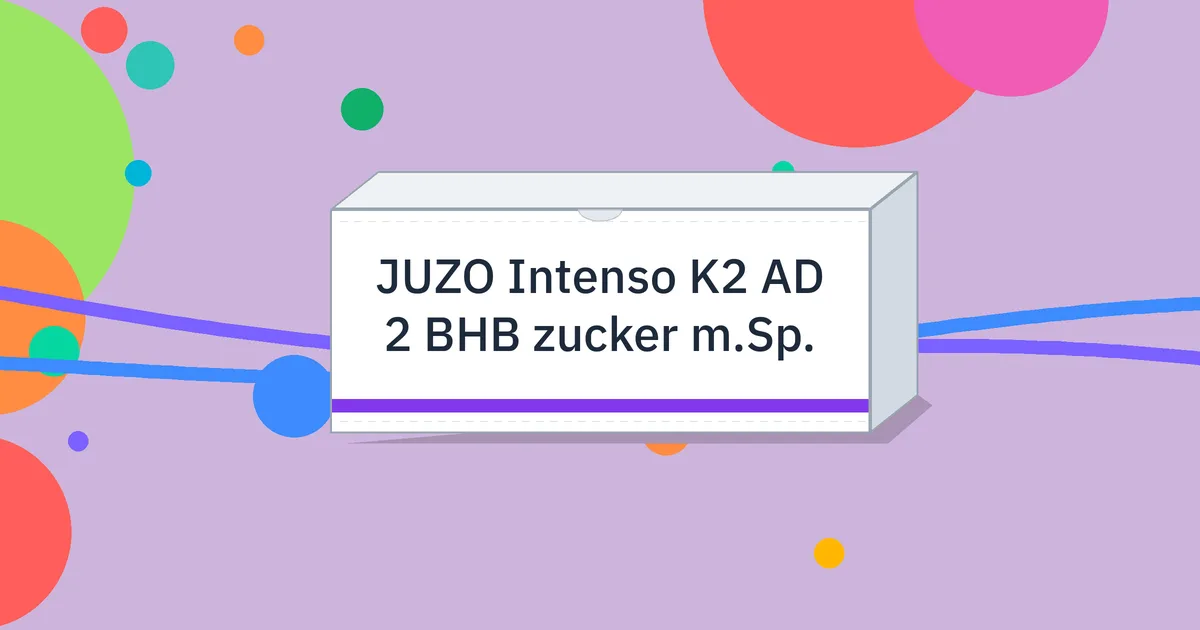 Symbolbild: Packung mit der Aufschrift JUZO Intenso K2 AD 2 BHB zucker m.Sp. (PZN 18613080) – Verfügbarkeit und Bezug in Apotheken in Frankfurt am Main
