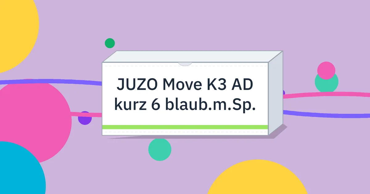Symbolbild: Packung mit der Aufschrift JUZO Move K3 AD kurz 6 blaub.m.Sp. (PZN 18571855) – Verfügbarkeit und Bezug in Apotheken in Frankfurt am Main