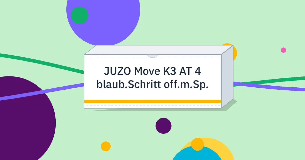 Symbolbild: Packung mit der Aufschrift JUZO Move K3 AT 4 blaub.Schritt off.m.Sp. (PZN 20677532) – Verfügbarkeit und Bezug in Apotheken in Frankfurt am Main