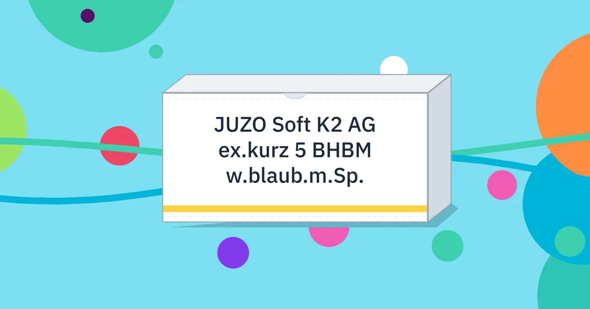 Symbolbild: Packung mit der Aufschrift JUZO Soft K2 AG ex.kurz 5 BHBM w.blaub.m.Sp. (PZN 14868297) – Verfügbarkeit und Bezug in Apotheken in Frankfurt am Main