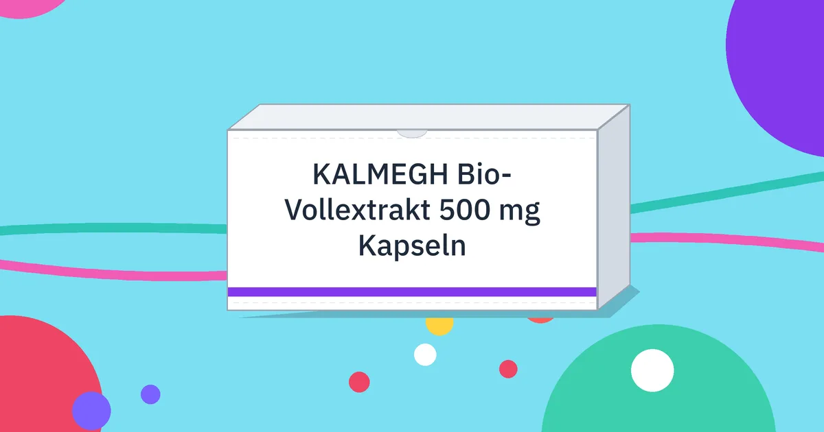 Symbolbild: Packung mit der Aufschrift KALMEGH Bio-Vollextrakt 500 mg Kapseln (PZN 15655965) – Verfügbarkeit und Bezug in Apotheken in Frankfurt am Main