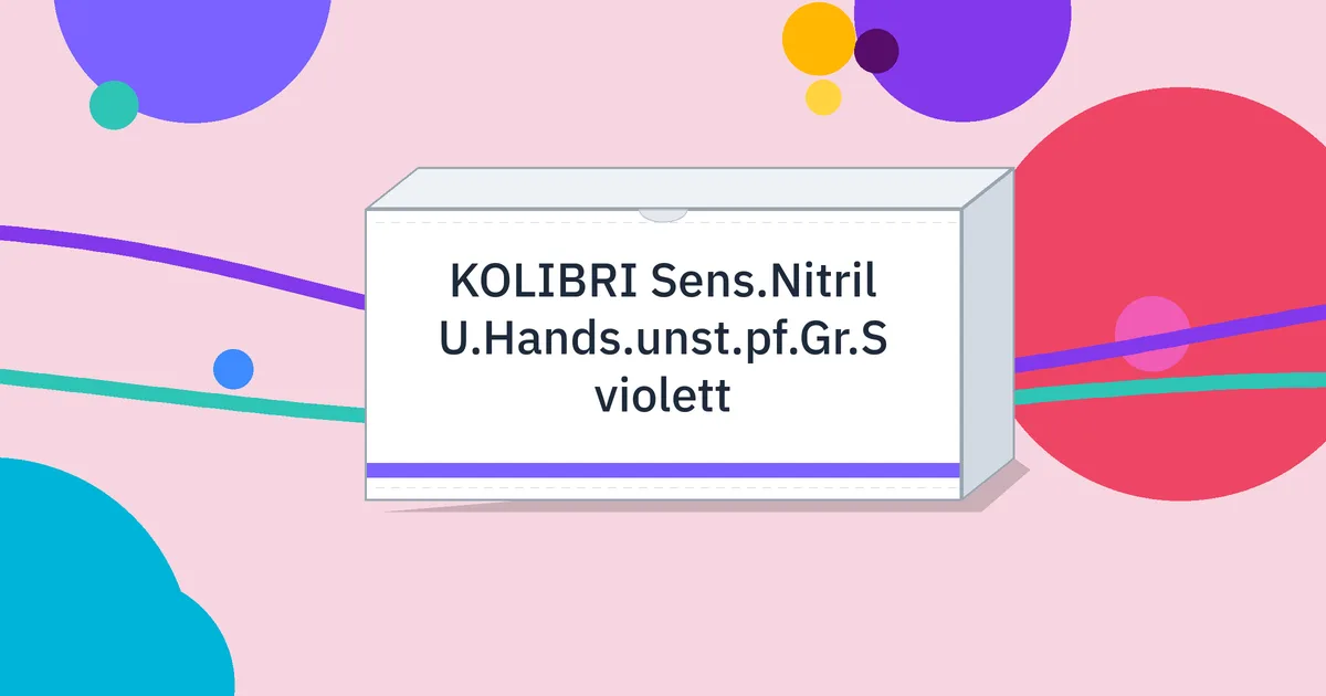 Symbolbild: Packung mit der Aufschrift KOLIBRI Sens.Nitril U.Hands.unst.pf.Gr.S violett (PZN 15564576) – Verfügbarkeit und Bezug in Apotheken in Frankfurt am Main