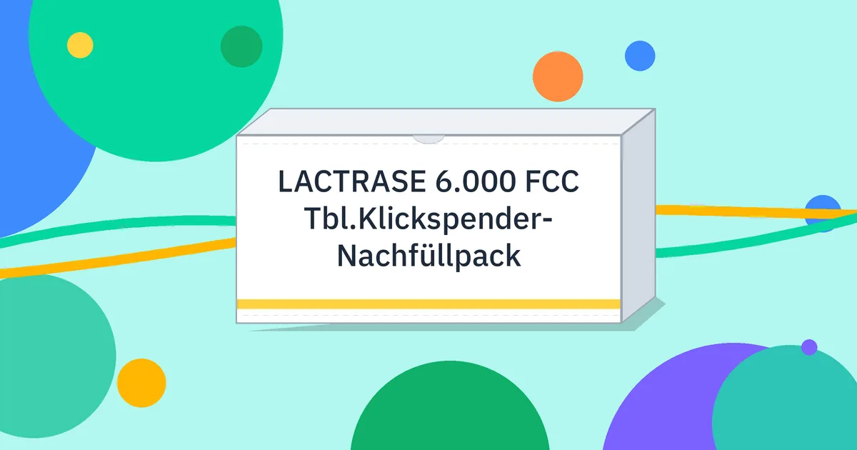 Symbolbild: Packung mit der Aufschrift LACTRASE 6.000 FCC Tbl.Klickspender-Nachfüllpack (PZN 12412794) – Verfügbarkeit und Bezug in Apotheken in Frankfurt am Main