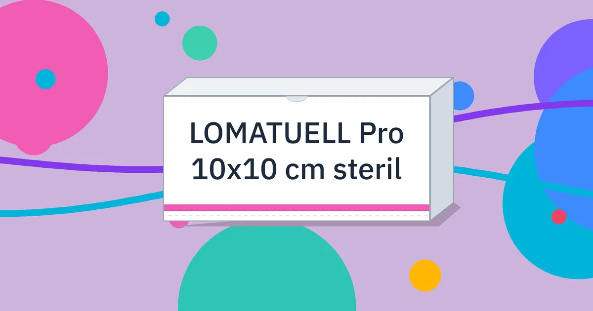 Symbolbild: Packung mit der Aufschrift LOMATUELL Pro 10x10 cm steril (PZN 16664966) – Verfügbarkeit und Bezug in Apotheken in Frankfurt am Main
