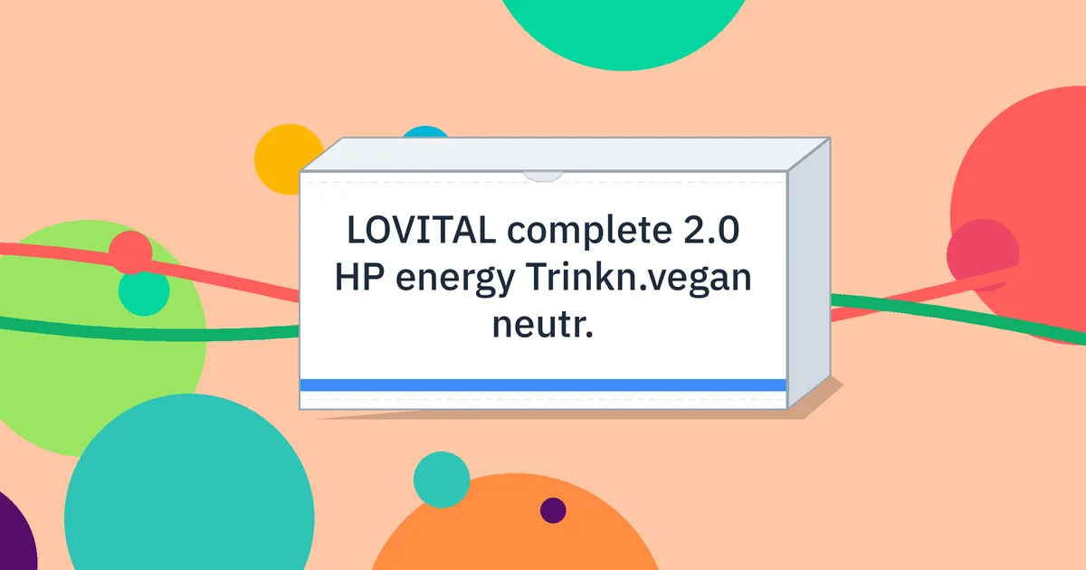 Symbolbild: Packung mit der Aufschrift LOVITAL complete 2.0 HP energy Trinkn.vegan neutr. (PZN 19442597) – Verfügbarkeit und Bezug in Apotheken in Frankfurt am Main