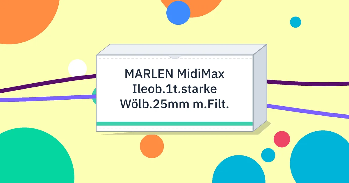 Symbolbild: Packung mit der Aufschrift MARLEN MidiMax Ileob.1t.starke Wölb.25mm m.Filt. (PZN 16658291) – Verfügbarkeit und Bezug in Apotheken in Frankfurt am Main