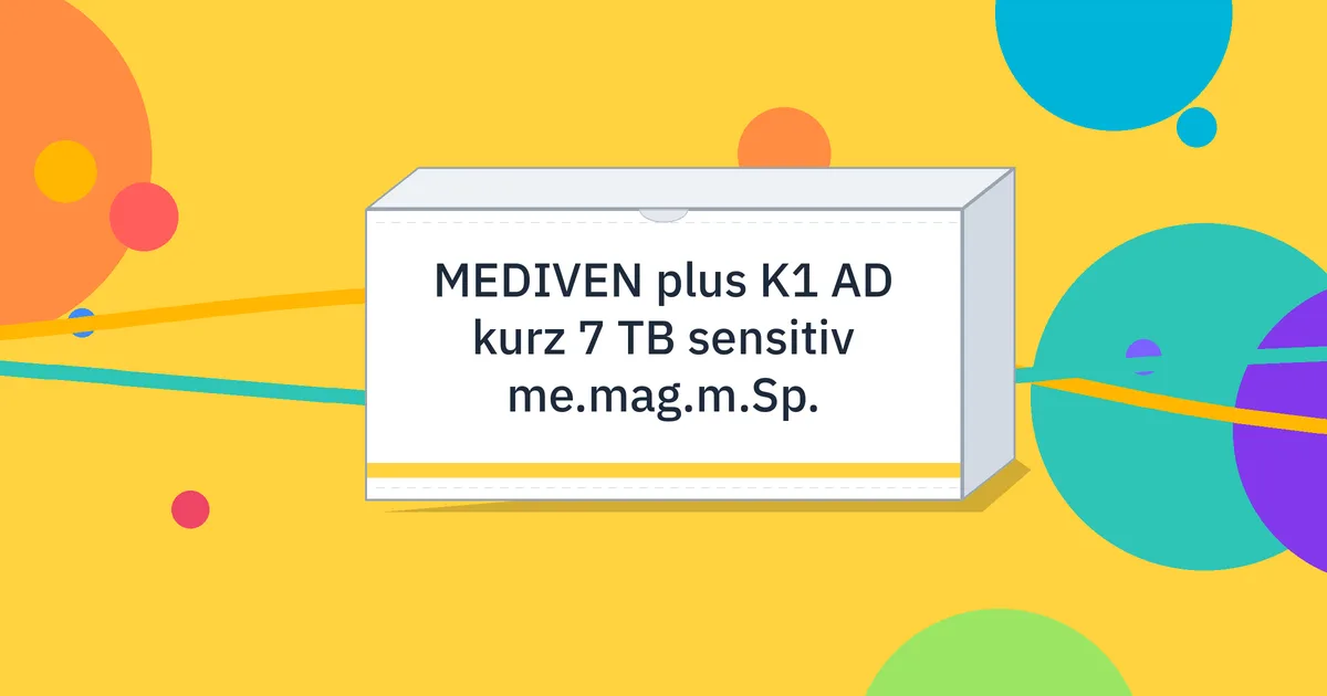 Symbolbild: Packung mit der Aufschrift MEDIVEN plus K1 AD kurz 7 TB sensitiv me.mag.m.Sp. (PZN 15053769) – Verfügbarkeit und Bezug in Apotheken in Frankfurt am Main