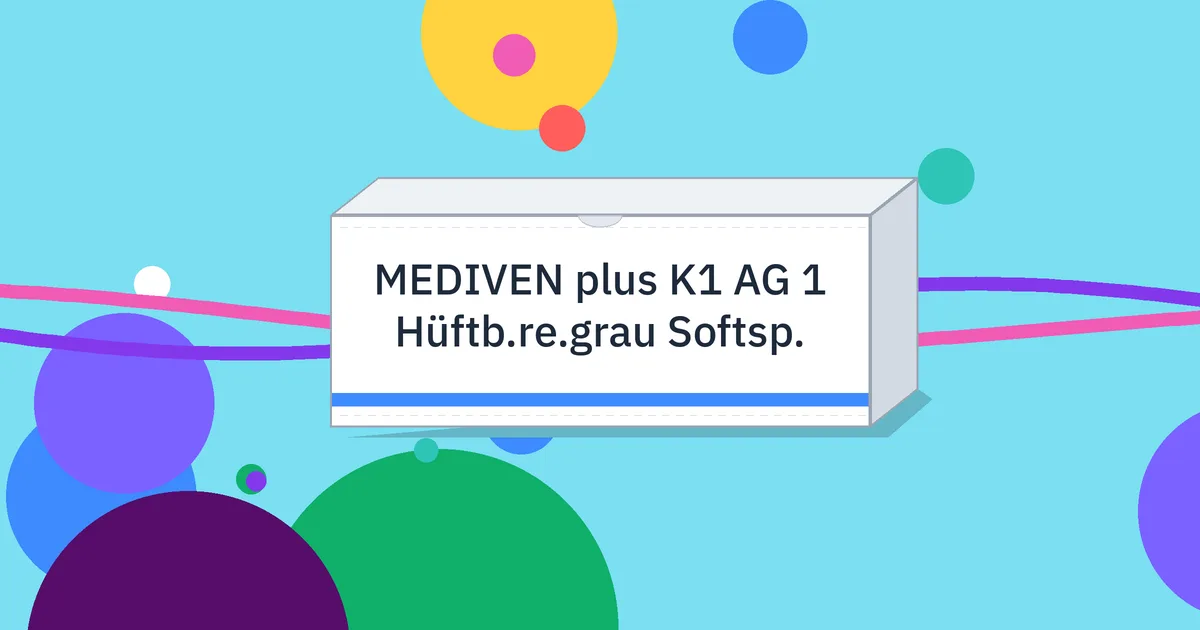 Symbolbild: Packung mit der Aufschrift MEDIVEN plus K1 AG 1 Hüftb.re.grau Softsp. (PZN 18938994) – Verfügbarkeit und Bezug in Apotheken in Frankfurt am Main