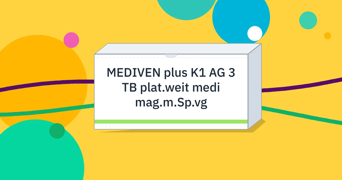 Symbolbild: Packung mit der Aufschrift MEDIVEN plus K1 AG 3 TB plat.weit medi mag.m.Sp.vg (PZN 15061622) – Verfügbarkeit und Bezug in Apotheken in Frankfurt am Main